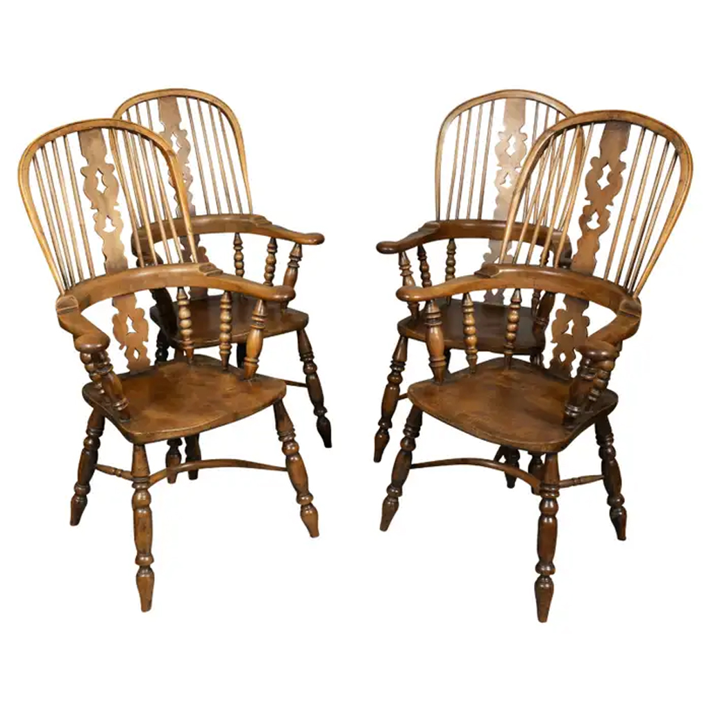 Set Of Four English Yew wood Windsor Armchairs - David Neligan Antiques