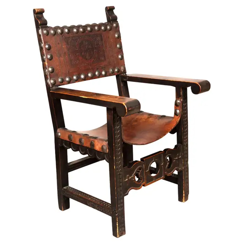 Spanish Baroque Style Walnut And Leather Armchair - David Neligan Antiques